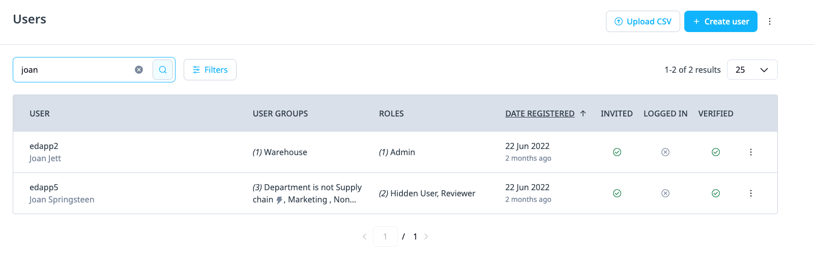 Managing users from the User list page